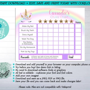 Editable Unicorn Chore Chart, Edit Yourself Unicorn Reward Chart ...