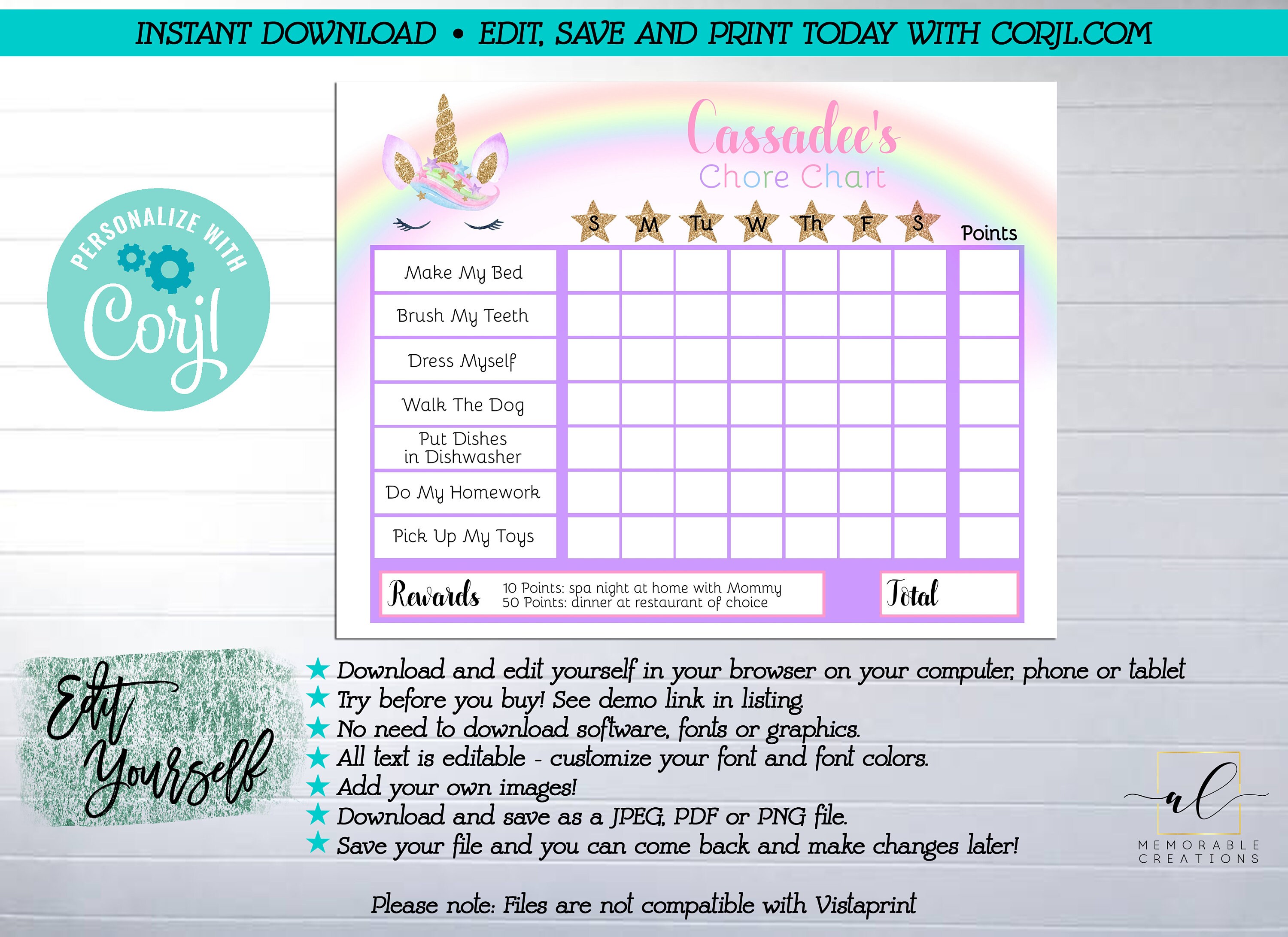 Editable Unicorn Chore Chart, Edit Yourself Unicorn Reward Chart ...