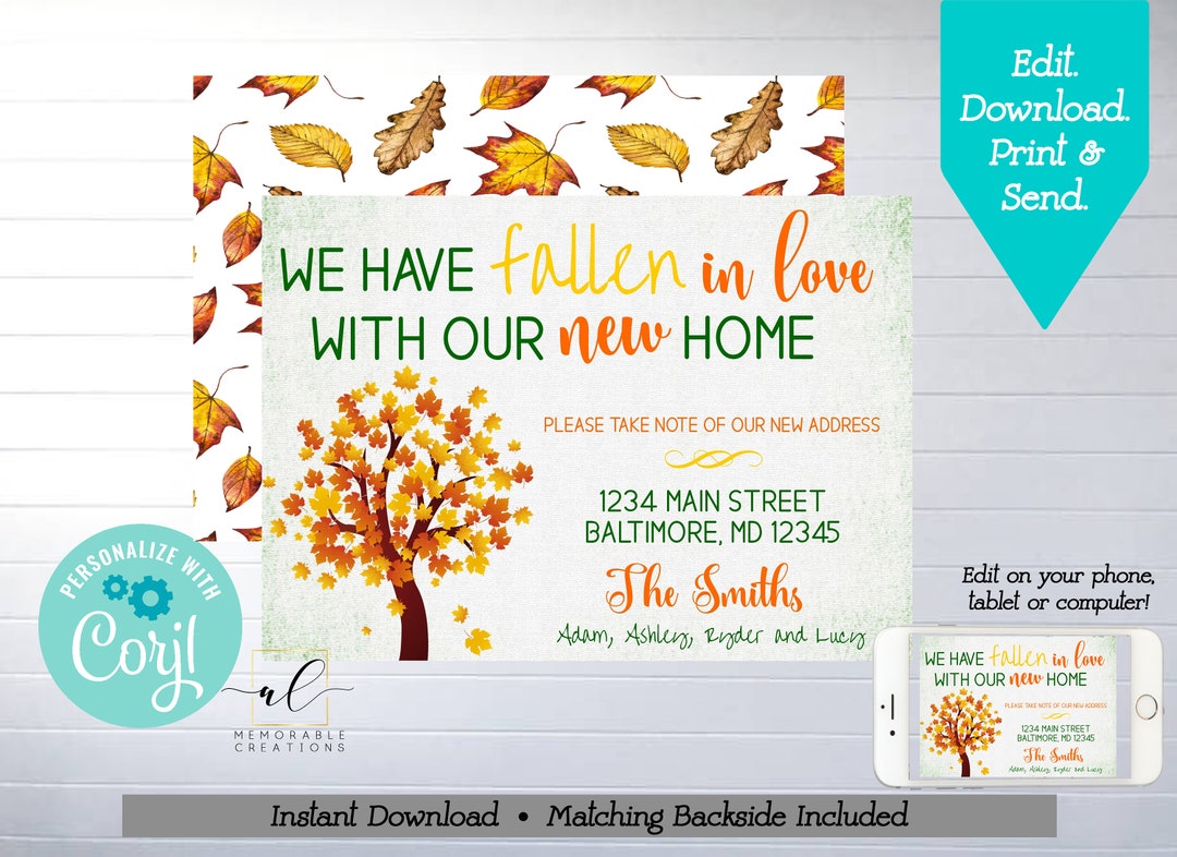 Printable Fall Address Change Announcement, Edit Yourself Moving ...