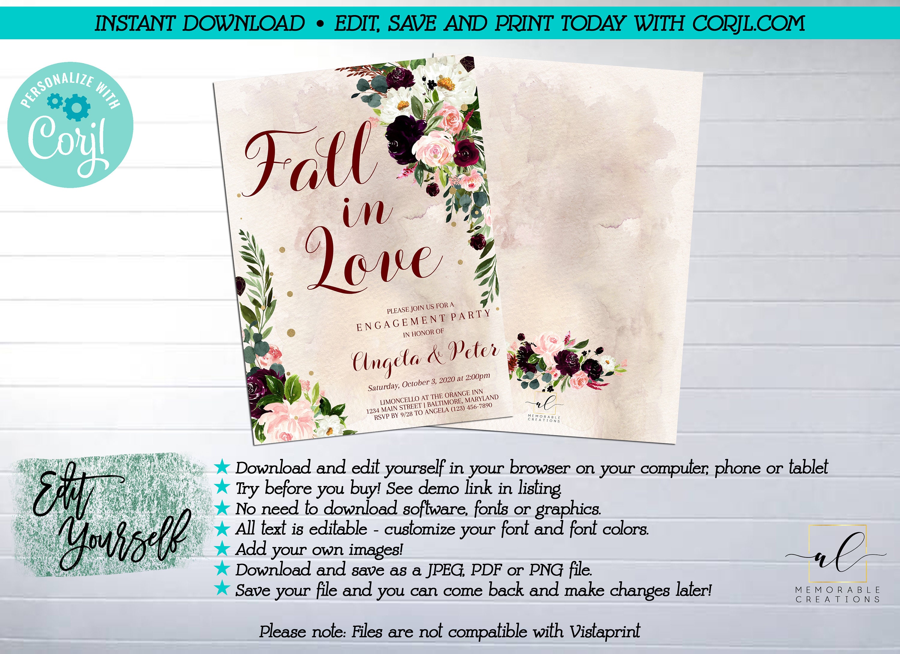 Fall in Love Engagement Party Printable Invitation, Edit Yourself Fall ...