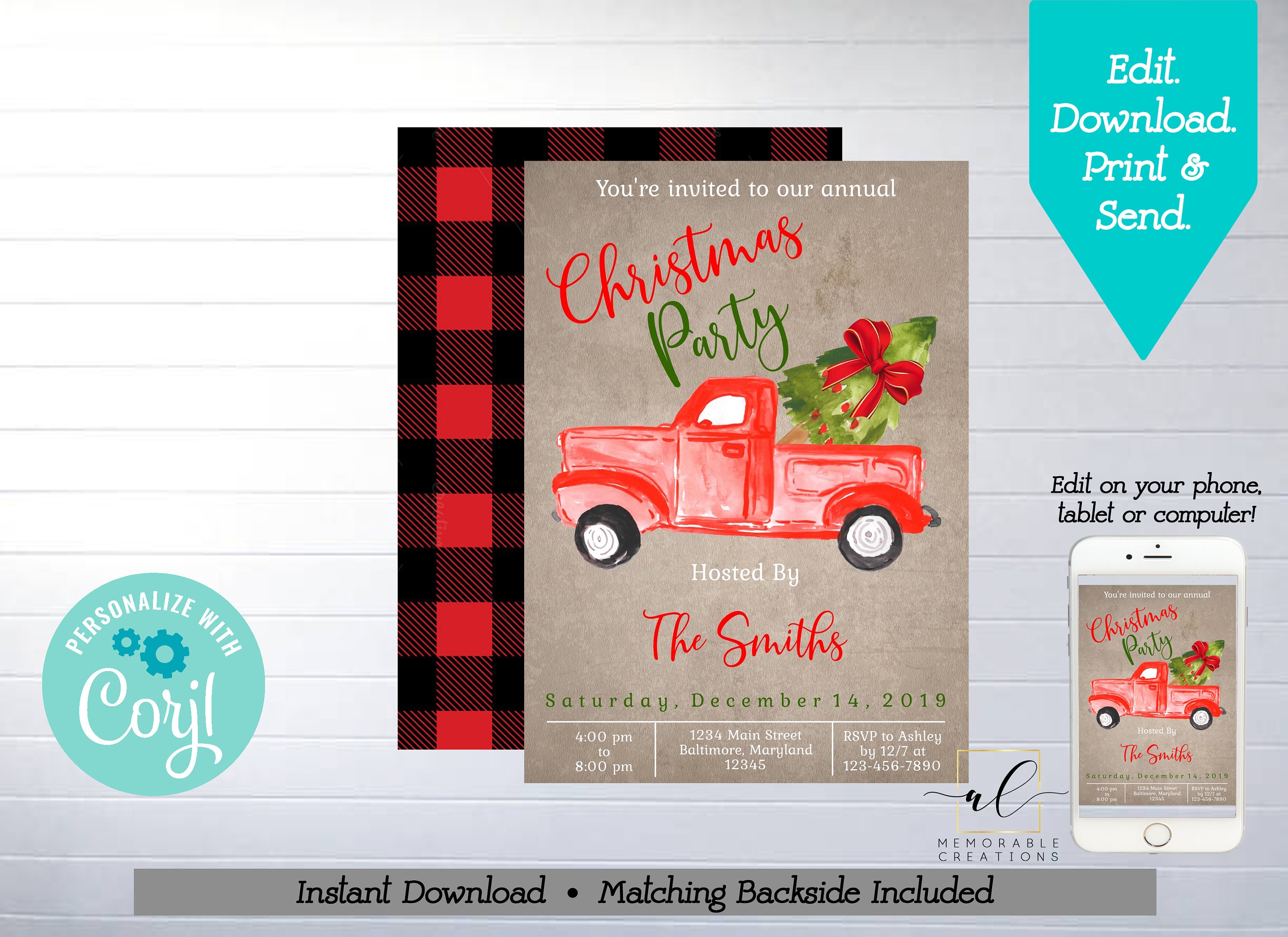 Red Truck Christmas Printable Invitation Edit Yourself - Etsy