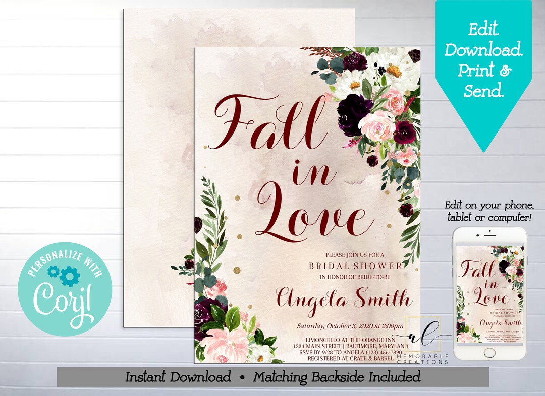 Fall in Love Bridal Shower Printable Invitation, Edit Yourself Fall ...