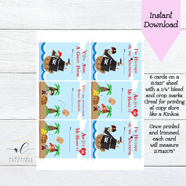 Pirate Valentine Cards, Kids Valentine Cards, Printable Pirate ...