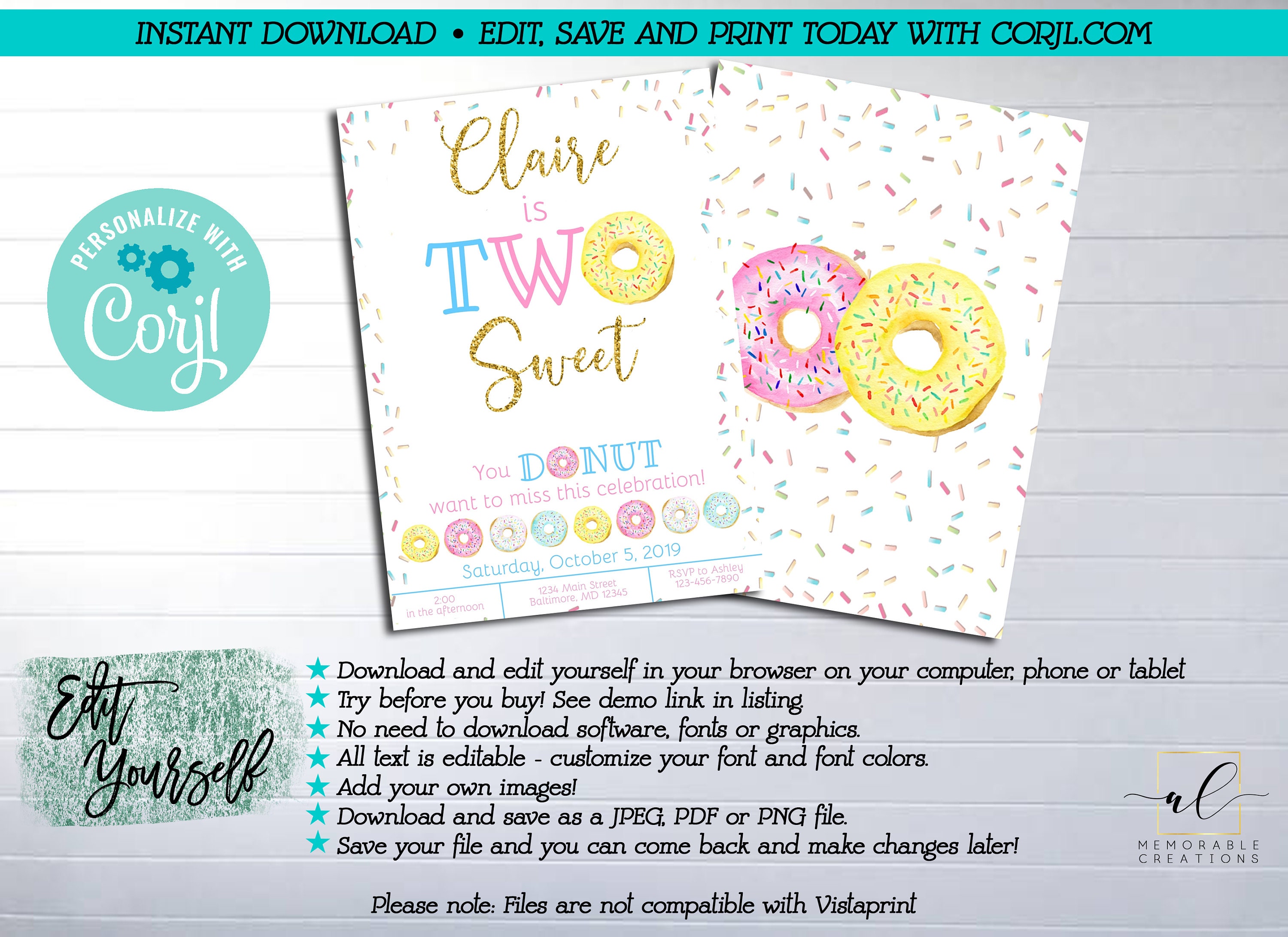 Two Sweet Donut Printable Invitation, Edit Yourself Donut Birthday ...