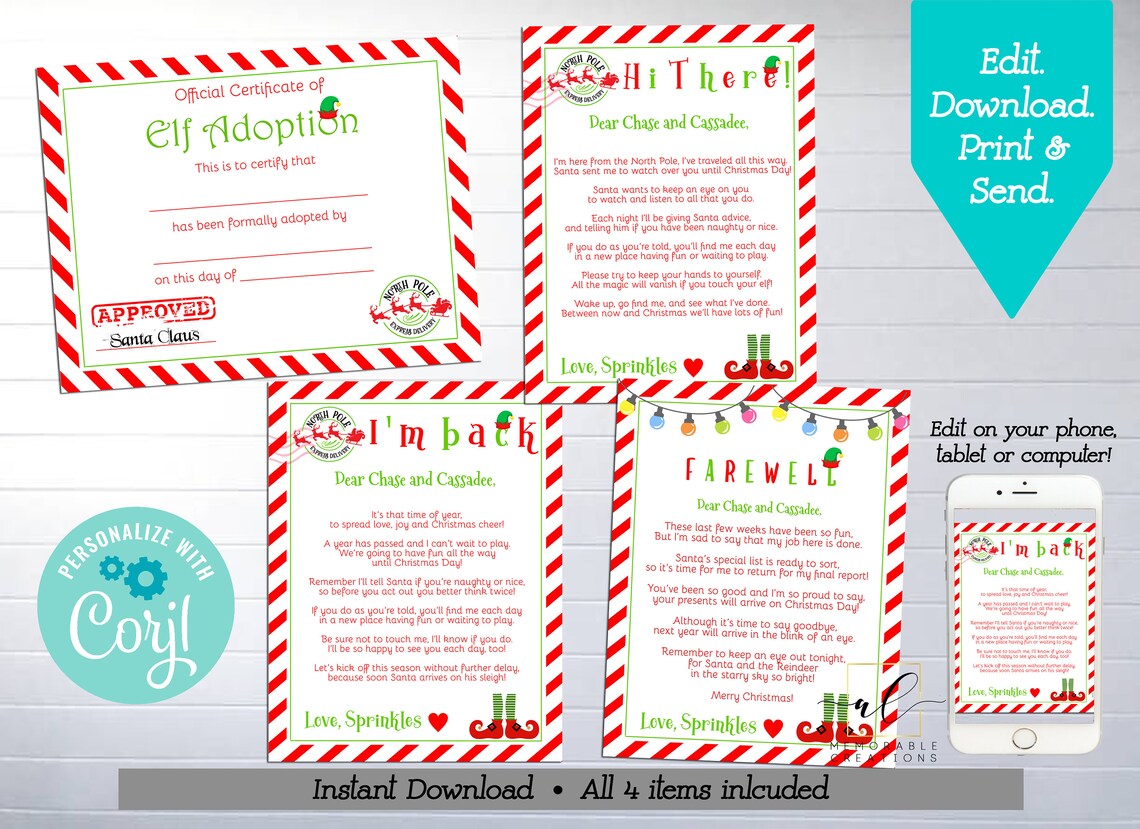 Elf Letter Bundle Printable, Edit Yourself Elf Hello Return Goodbye ...