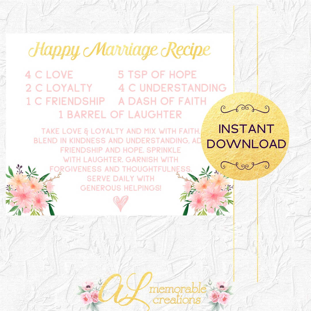 Happy Marriage Recipe Sign, Recipe for a Happy Marriage, Bridal Shower ...