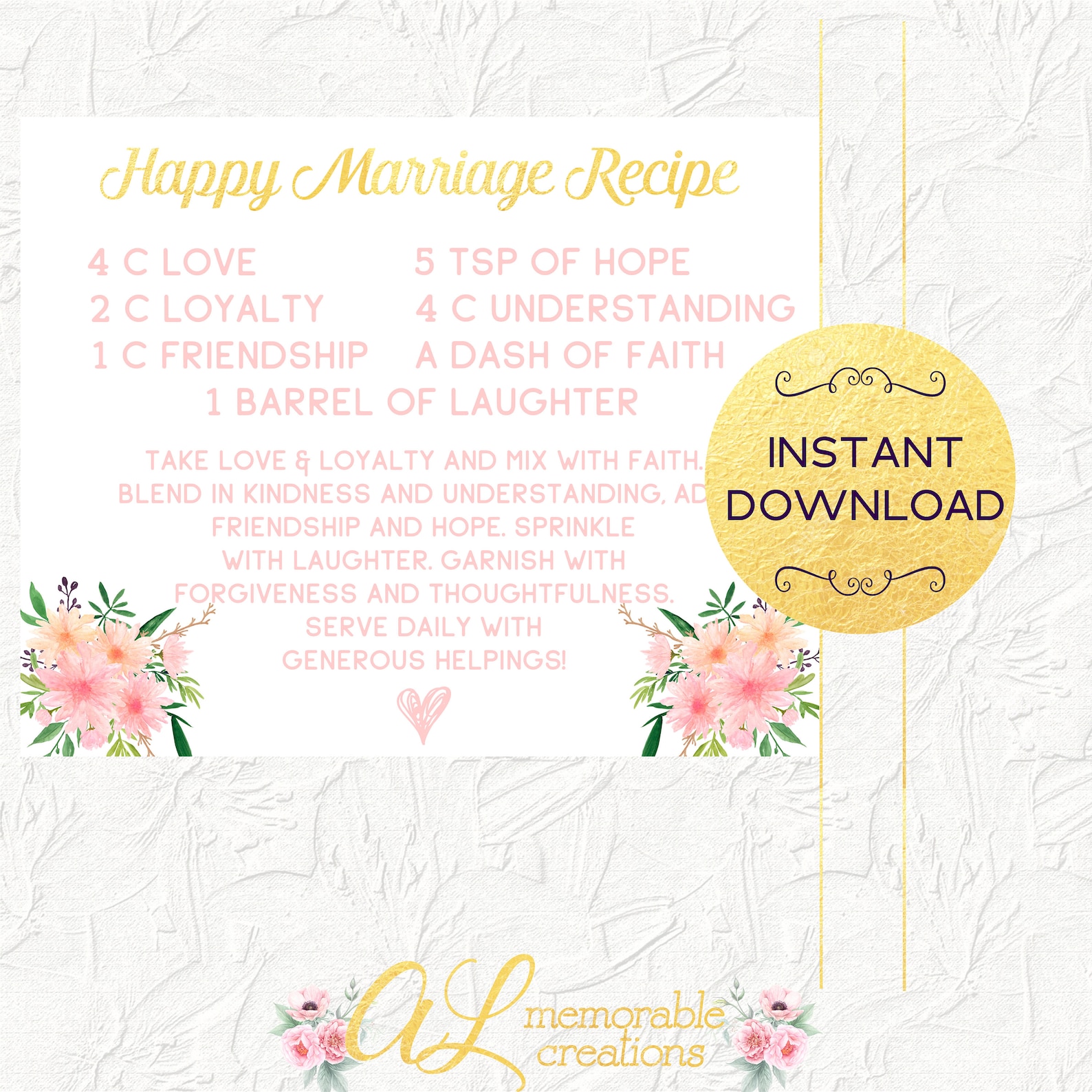 Happy Marriage Recipe Sign, Recipe for a Happy Marriage, Bridal Shower ...