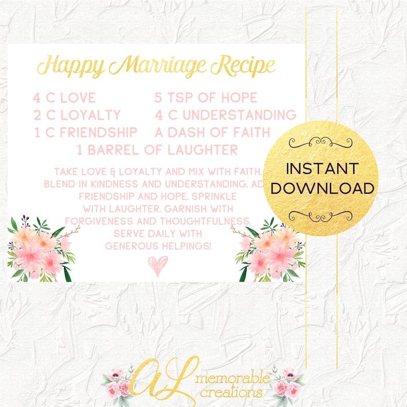 Happy Marriage Recipe Sign, Recipe for a Happy Marriage, Bridal Shower ...
