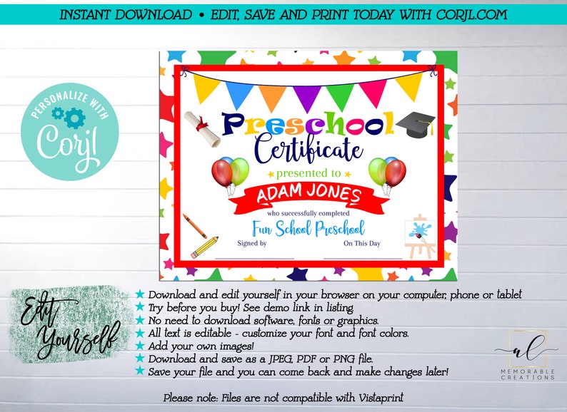 Preschool Graduation Certificate Editable Edit Yourself - Etsy