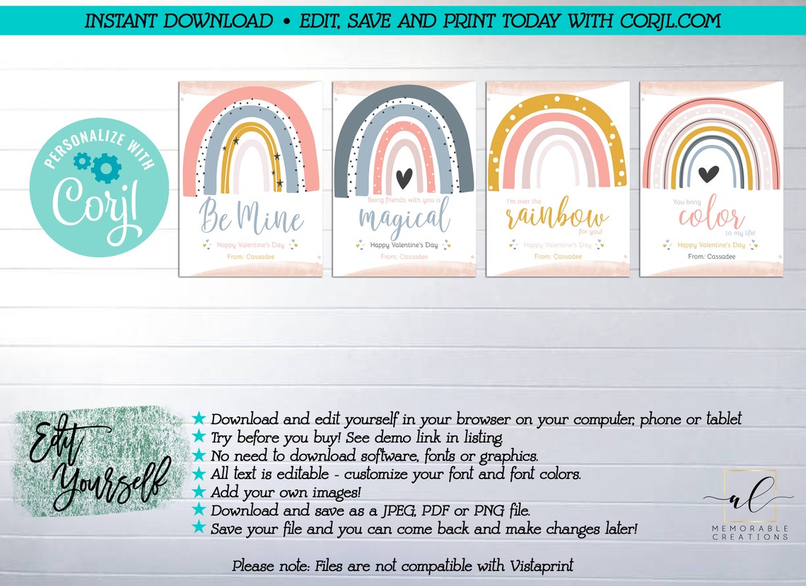Rainbow Valentine Printable Cards Editable Boho Rainbow | Etsy
