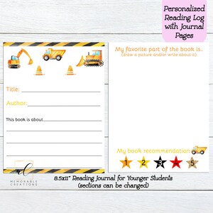 Personalized Construction Reading Log, Truck Reading Journal, Reading ...