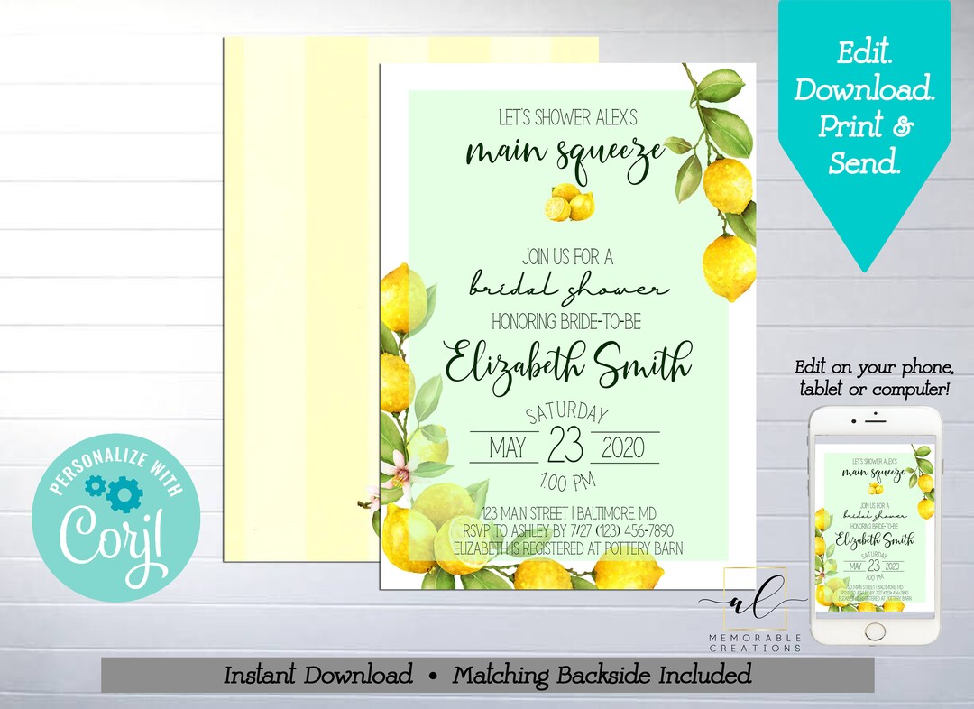 Lemon Bridal Shower Printable Invitation, Edit Yourself Lemon Shower ...
