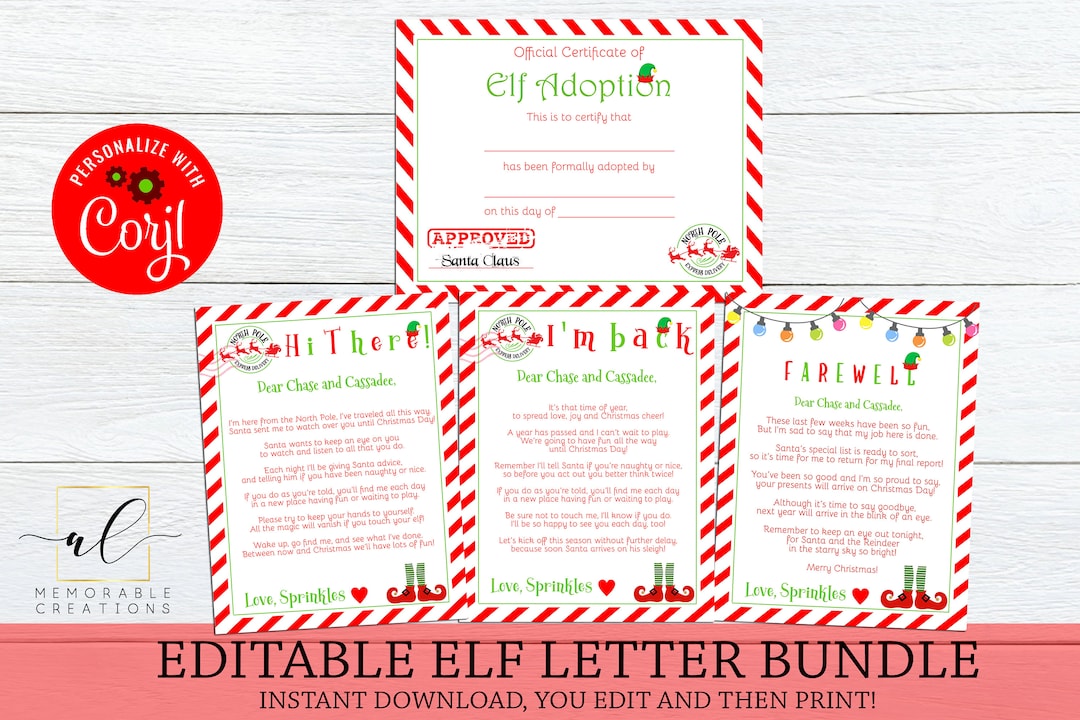 Elf Letter Bundle Printable, Edit Yourself Elf Hello Return Goodbye ...