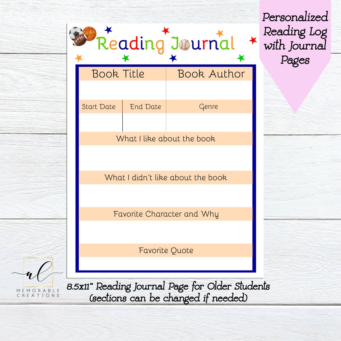 Personalized Sports Reading Log, Sports Reading Journal, Reading Log ...