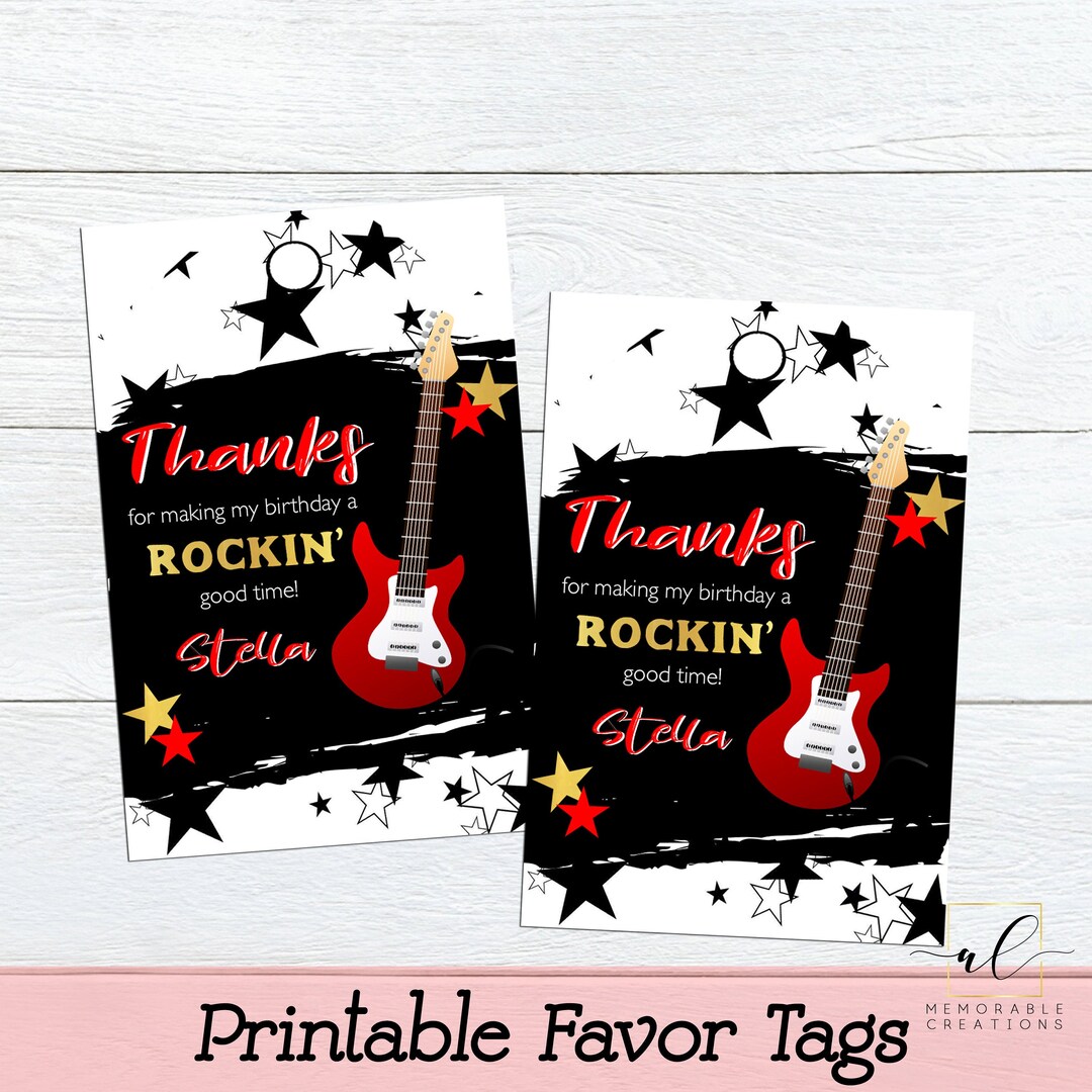Rock and Roll Party Thank You Tags, Red Guitar Thank You Favor Tags ...