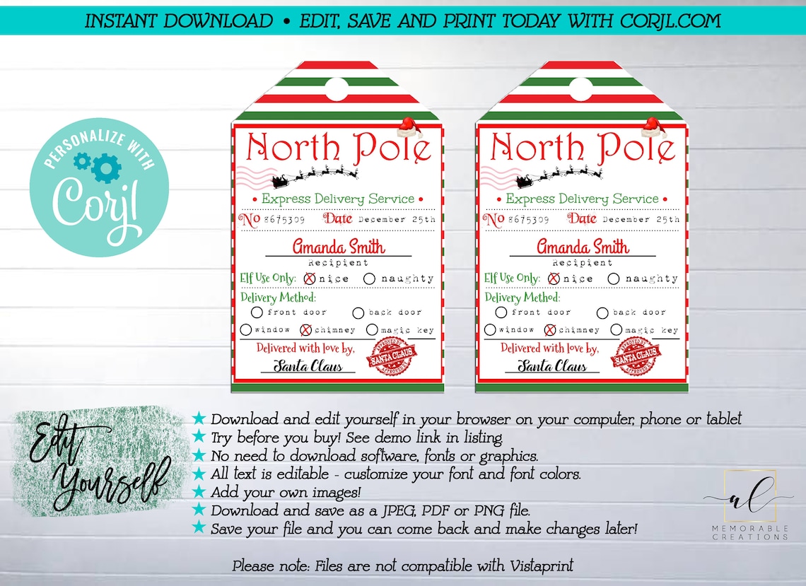 North Pole Delivery Printable Tags Edit Yourself North Pole - Etsy