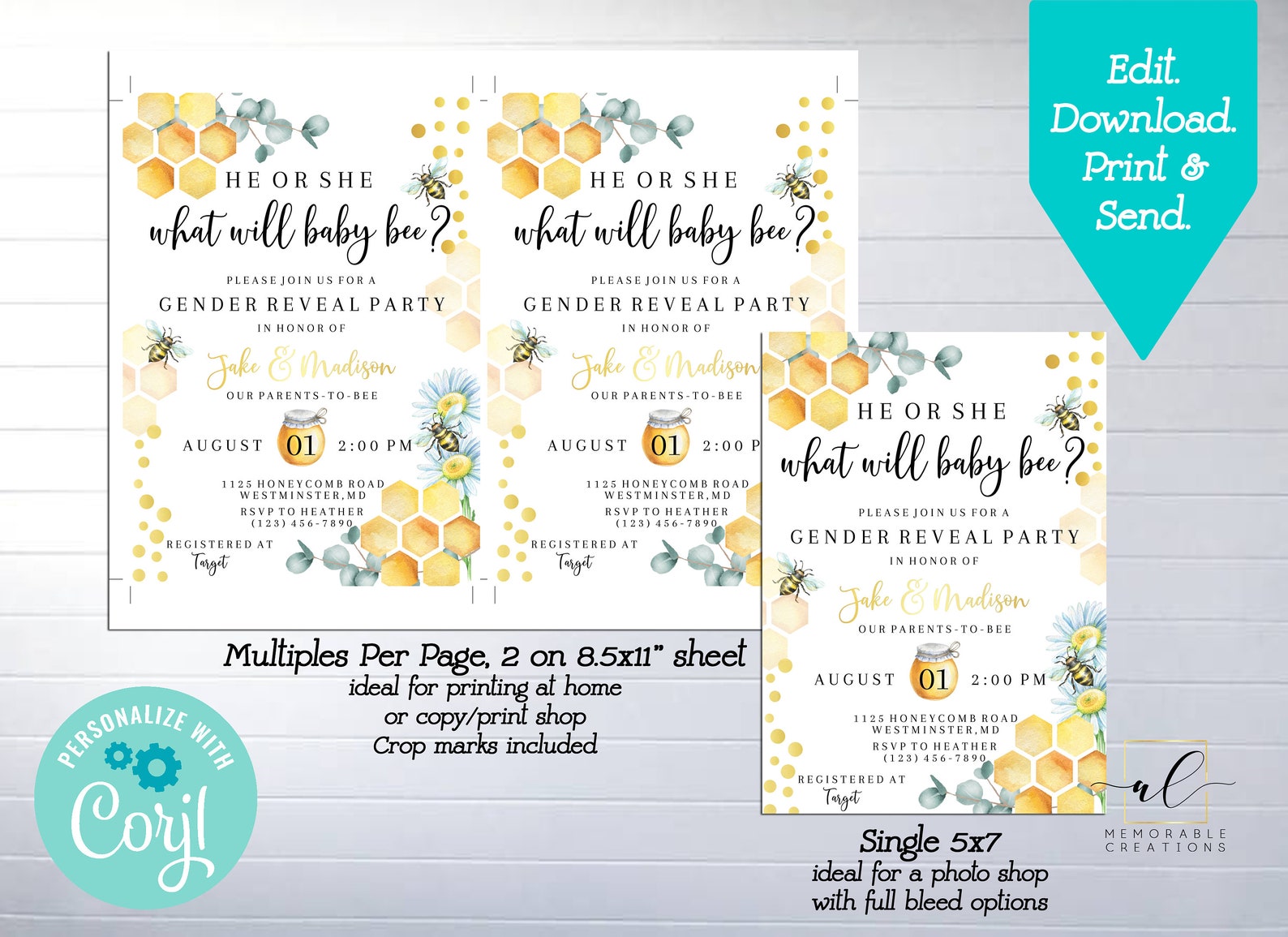 Honey Bee Gender Reveal Party Printable Invitation Edit - Etsy