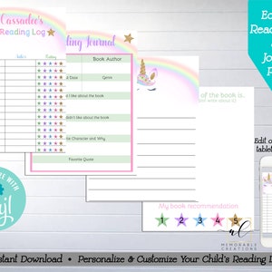 Editable Unicorn Reading Log, Edit Yourself Unicorn Reading Journal ...