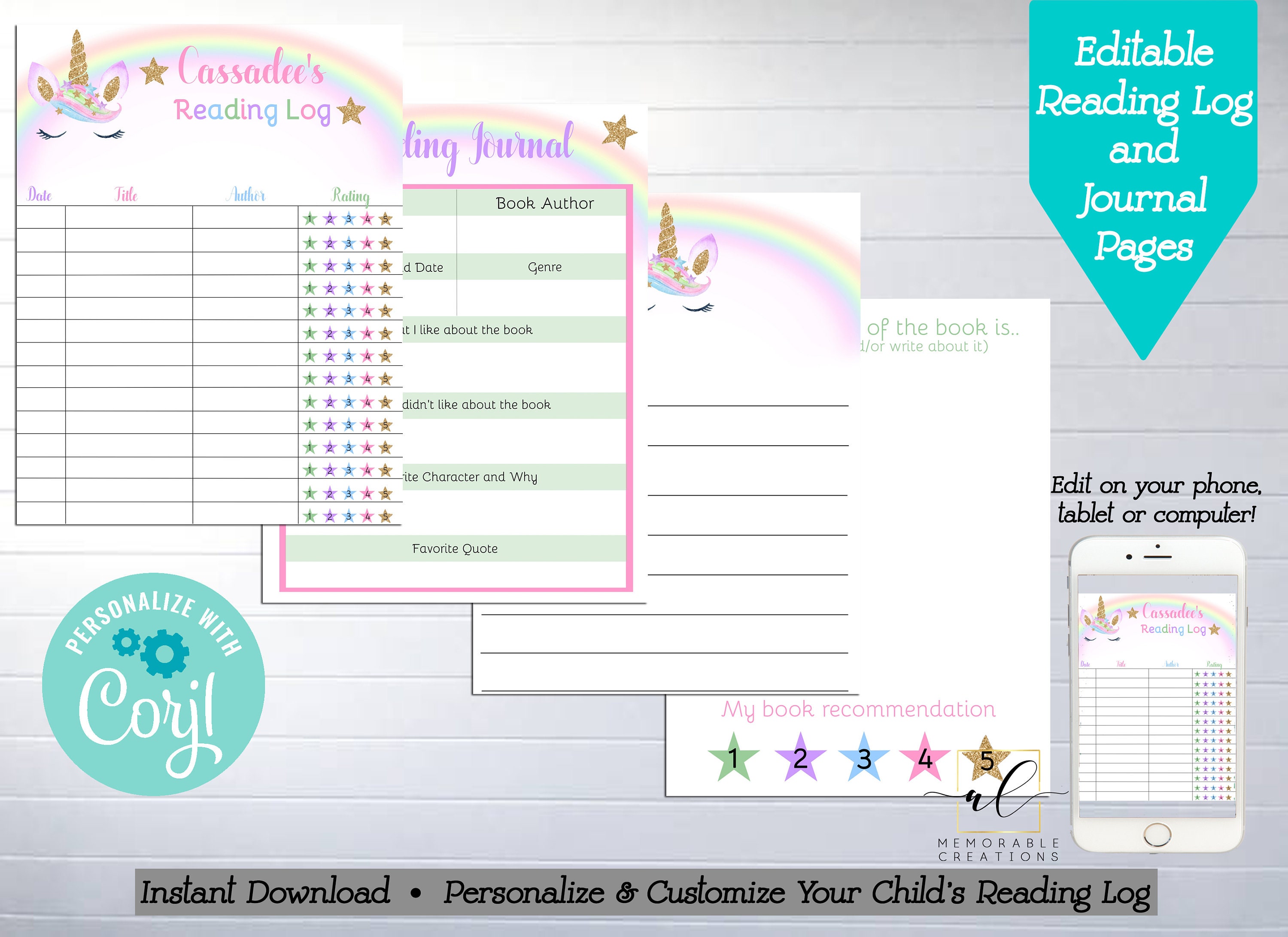 Editable Unicorn Reading Log Edit Yourself Unicorn Reading | Etsy