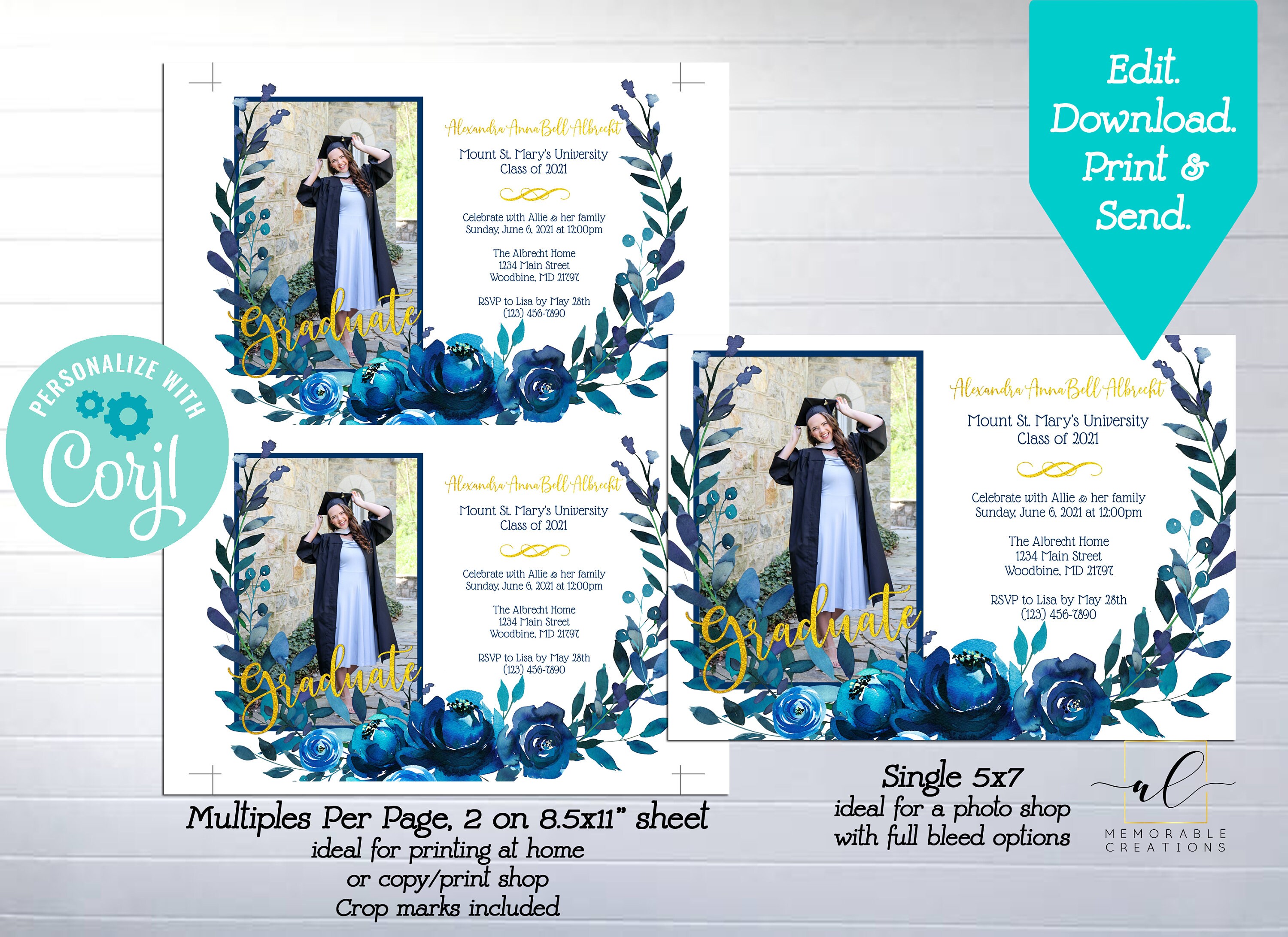 Blue Floral Photo Graduation Printable Invitation Edit | Etsy