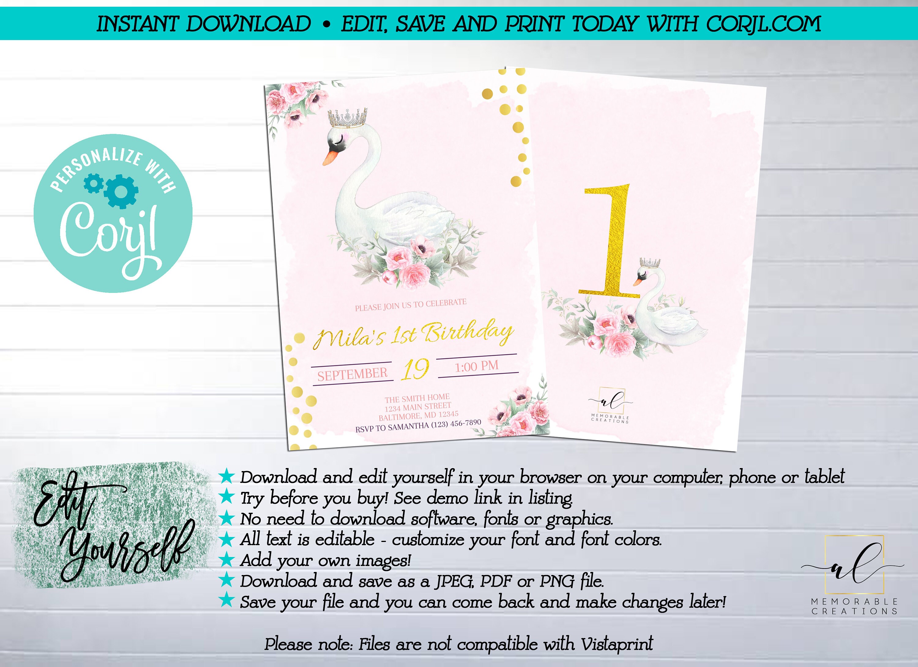 Swan Birthday Printable Invitation, Edit Yourself Swan Birthday Invite ...