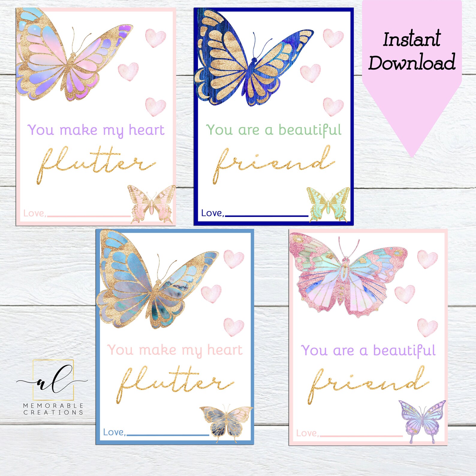 Butterfly Valentine Cards, Kids Valentine Cards, Printable Butterfly ...