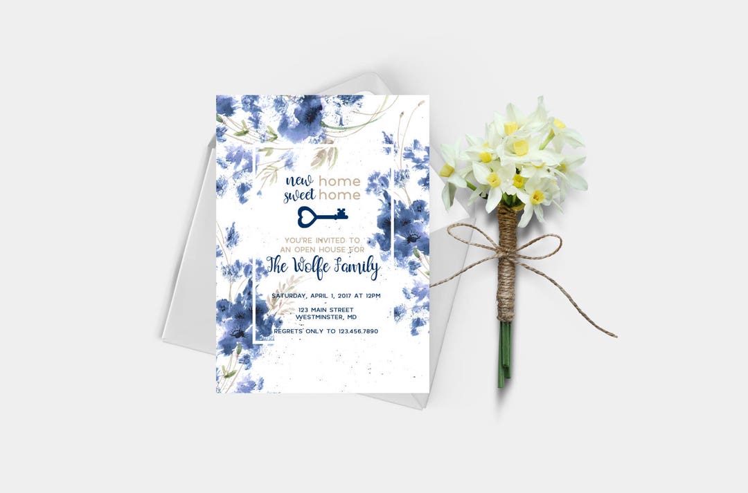 Open House Invitation, House Warming Party Invitation, Blue Watercolor ...