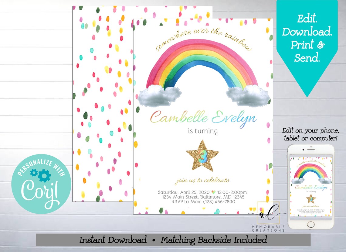 Watercolor Rainbow Birthday Printable Invitation, Edit Yourself Rainbow ...