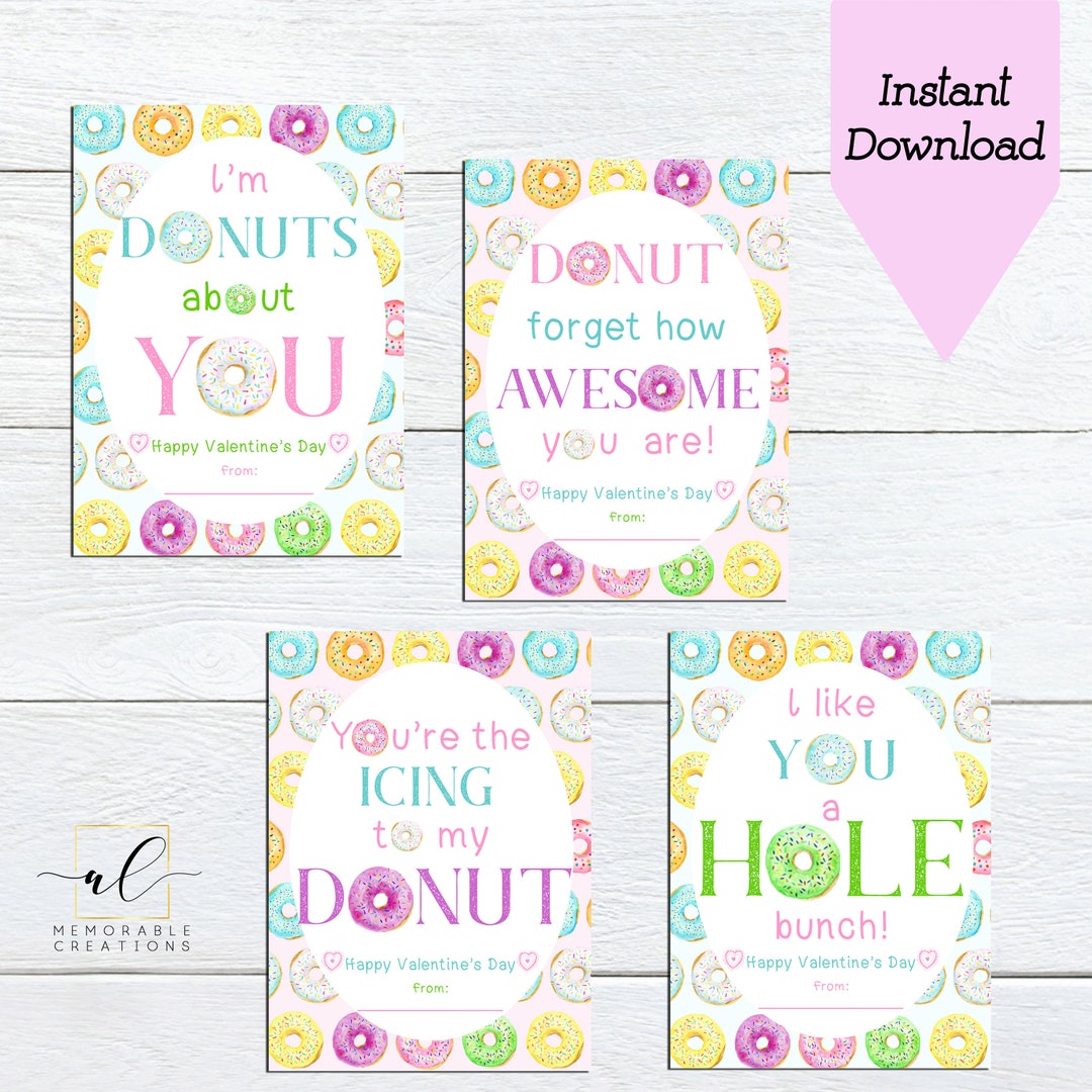 Donut Valentine Cards, Kids Valentine Cards, Printable Donut Valentines ...
