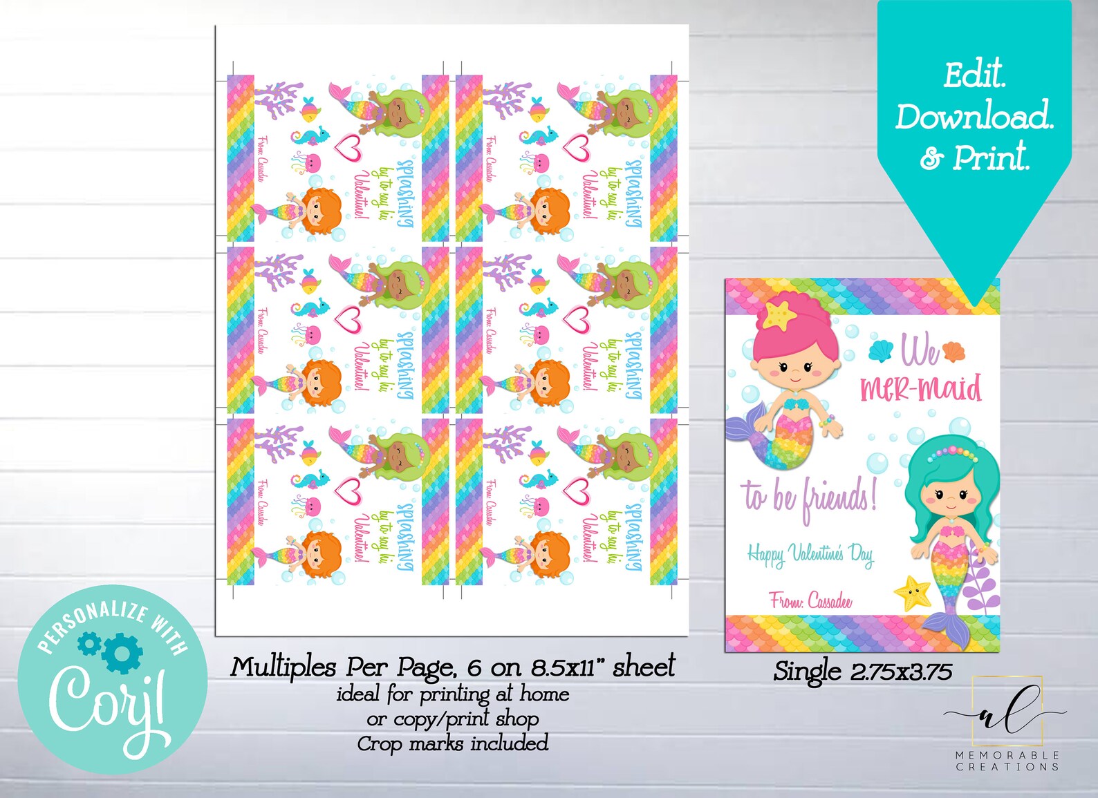 Mermaid Valentine Printable Cards Editable Mermaid - Etsy