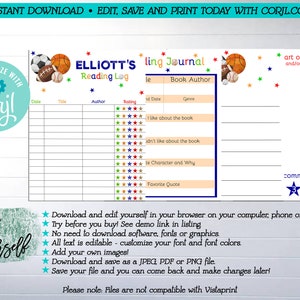 Editable Sports Reading Log, Edit Yourself Sports Reading Journal ...