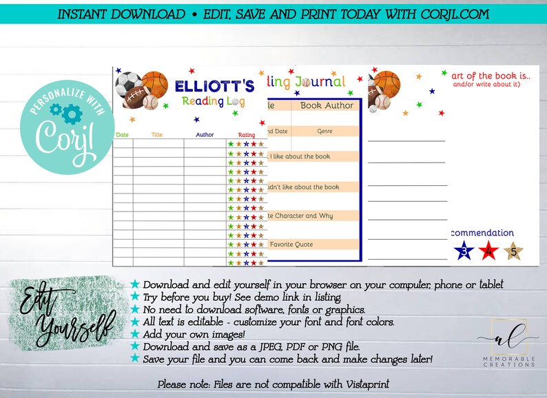 Editable Sports Reading Log, Edit Yourself Sports Reading Journal ...
