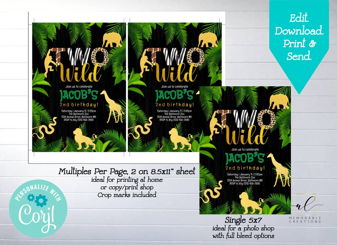 Two Wild Birthday Printable Invitation Edit Yourself Boy - Etsy Italia