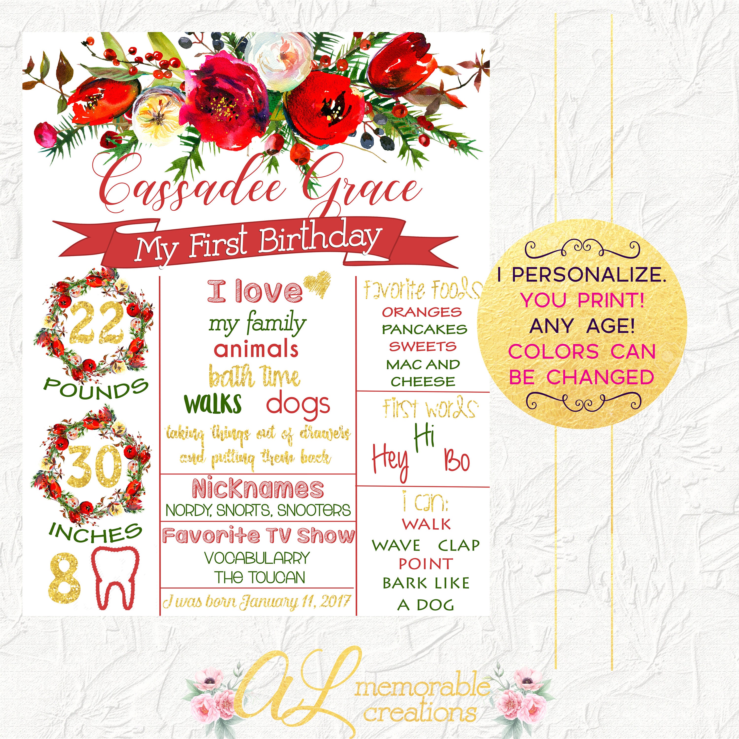 Red Floral First Birthday Sign Red and Gold Floral Birthday | Etsy