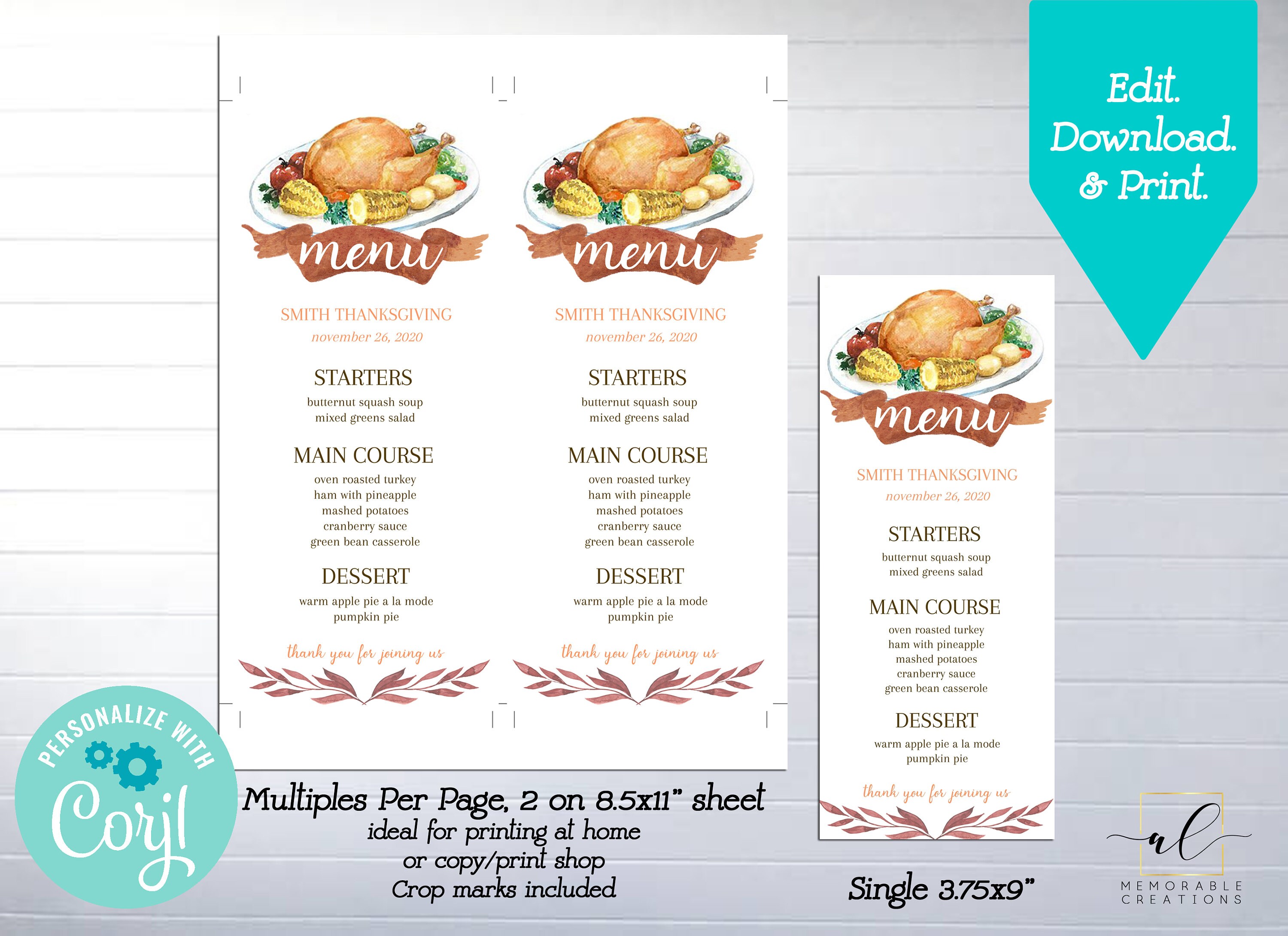 Thanksgiving Printable Menu Edit Yourself Turkey Dinner | Etsy