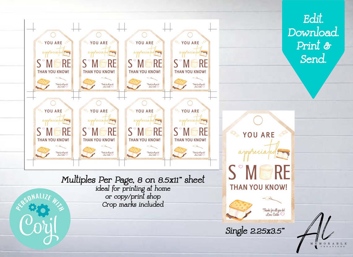 S'more Teacher Appreciation Printable Gift Tag Editable | Etsy