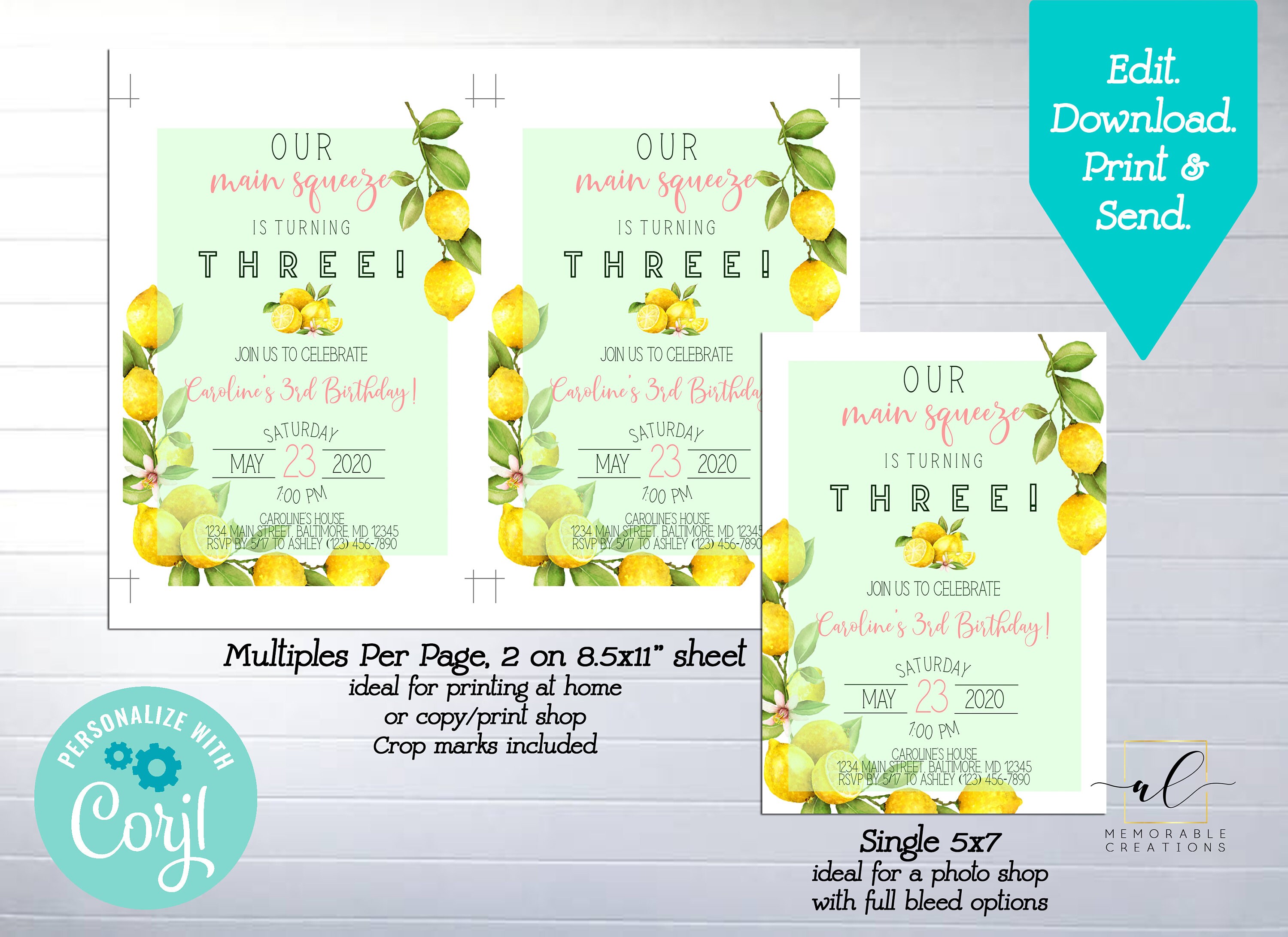 Lemon Birthday Printable Invitation Edit Yourself Lemon - Etsy
