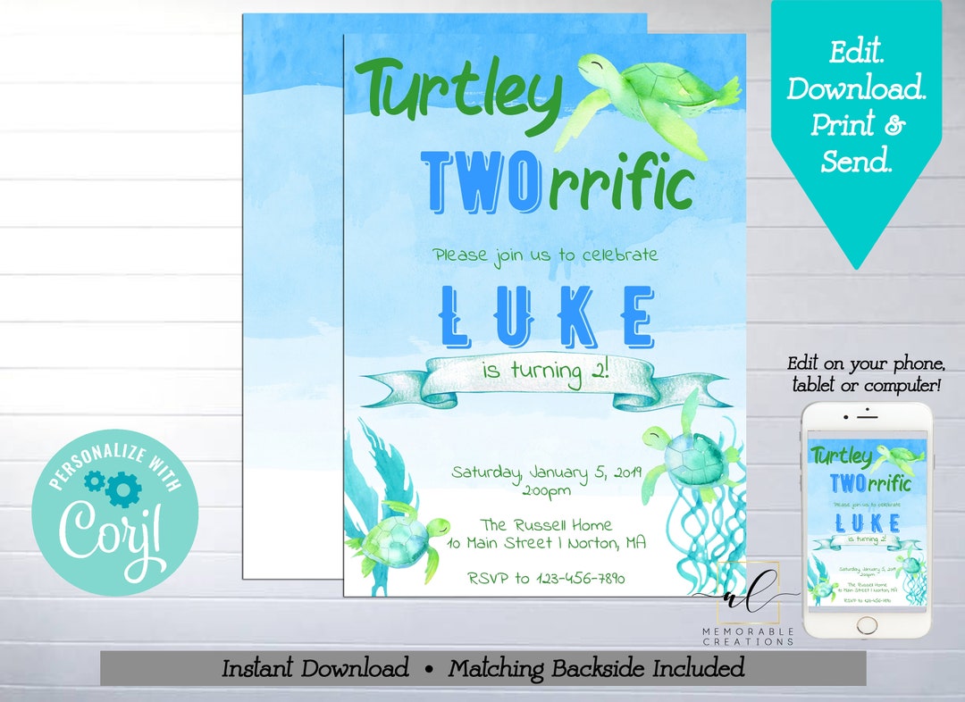 Sea Turtle Birthday Printable Invitation, Edit Yourself Turtle Birthday ...