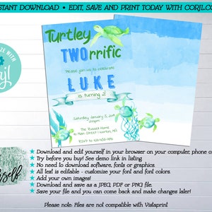 Sea Turtle Birthday Printable Invitation, Edit Yourself Turtle Birthday ...