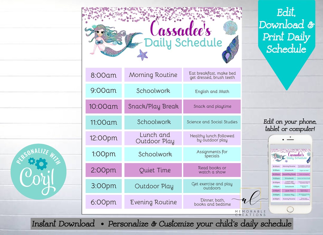 Editable Mermaid Daily Schedule, Edit Yourself Mermaid Daily Planner ...