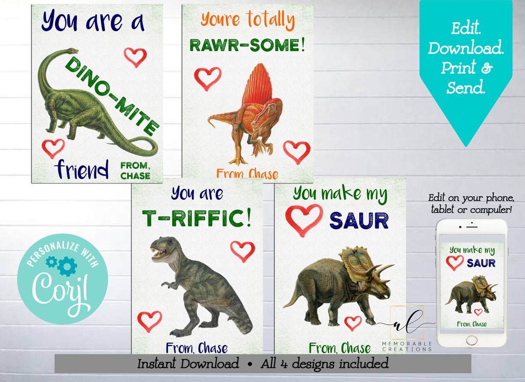 Dinosaur Valentine Printable Cards, Editable Dinosaur Valentines ...