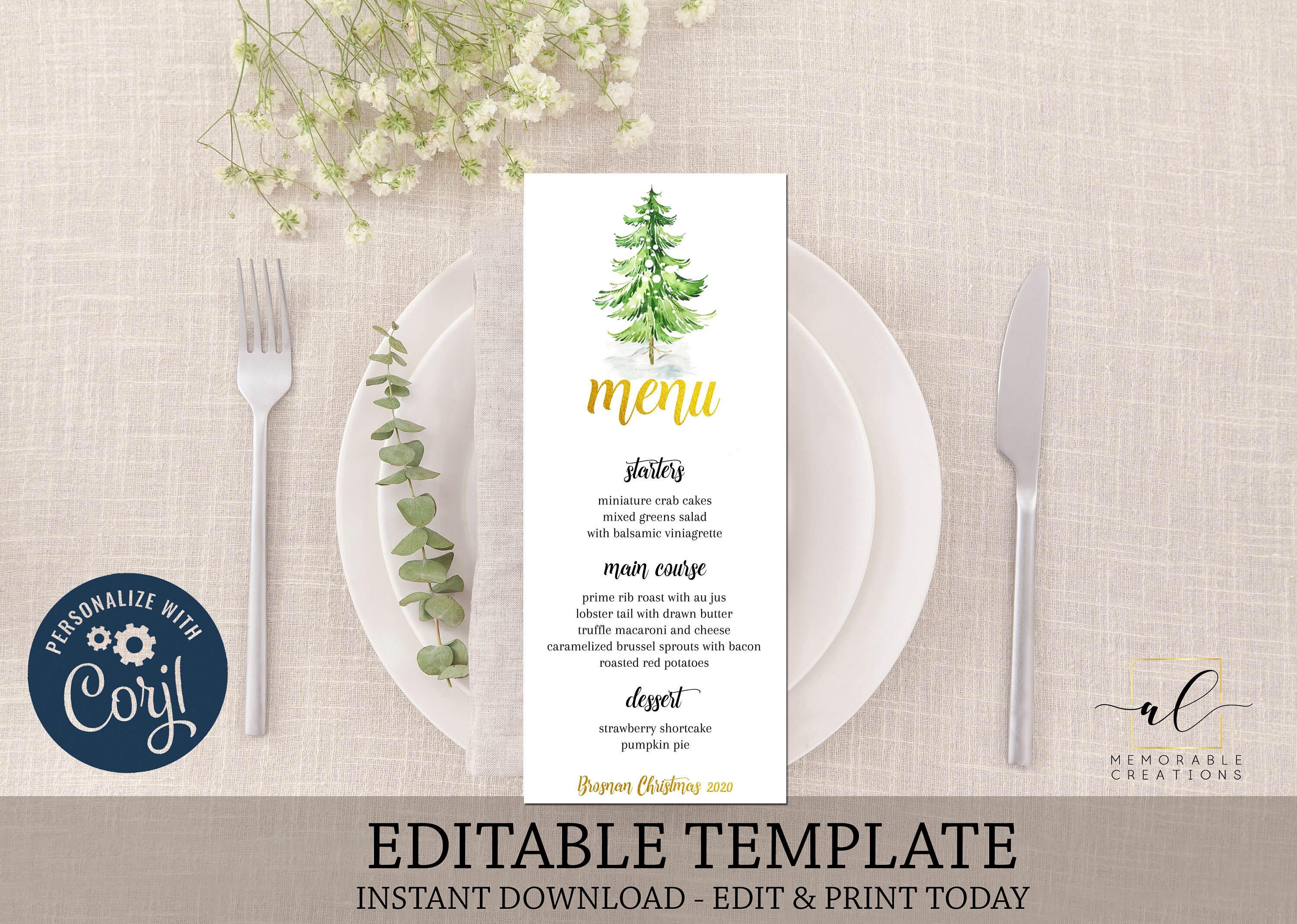 Snow Pine Tree Christmas Printable Menu Edit Yourself | Etsy