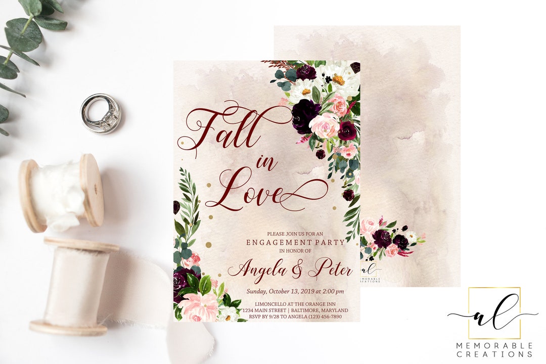 Fall in Love Engagement Party Invitation, Fall Watercolor Floral ...