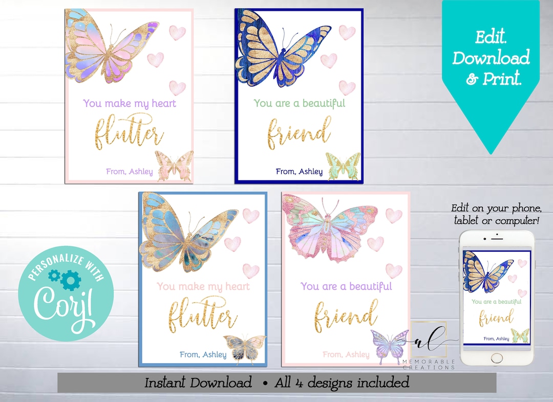 Butterfly Valentine Printable Cards, Editable Butterfly Valentines ...
