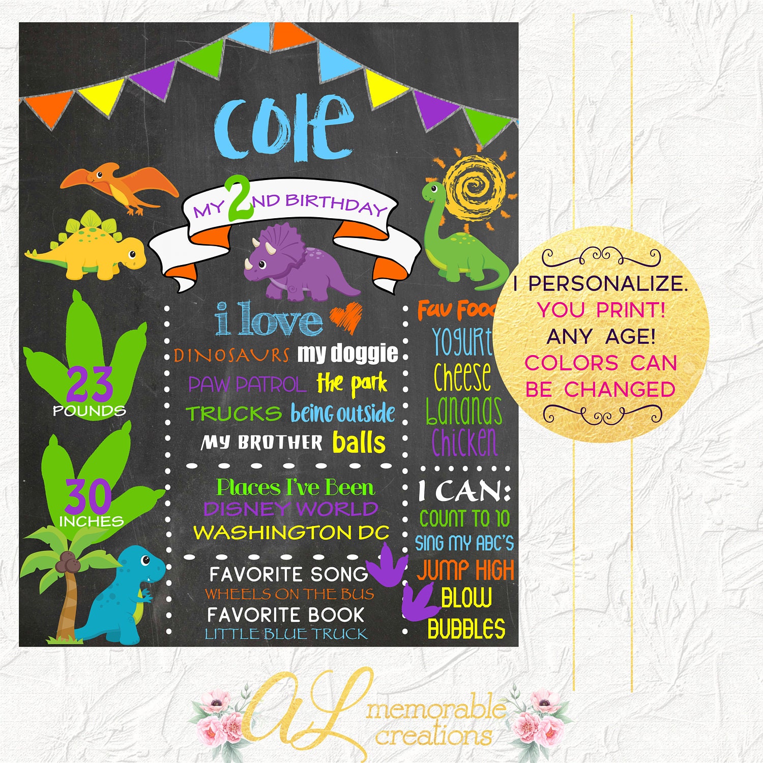 Dinosaur Birthday Chalkboard Boy Birthday Chalkboard 2nd | Etsy