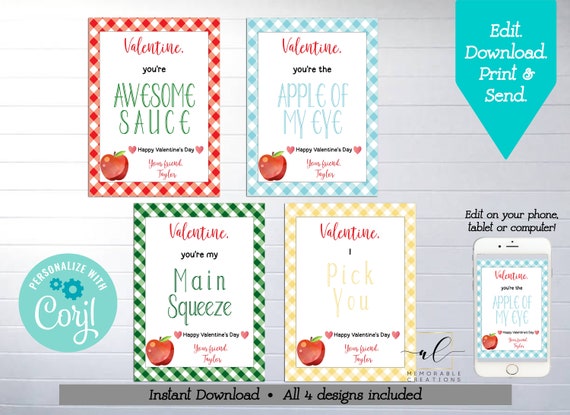 Applesauce Valentine Printable Cards Editable Applesauce | Etsy
