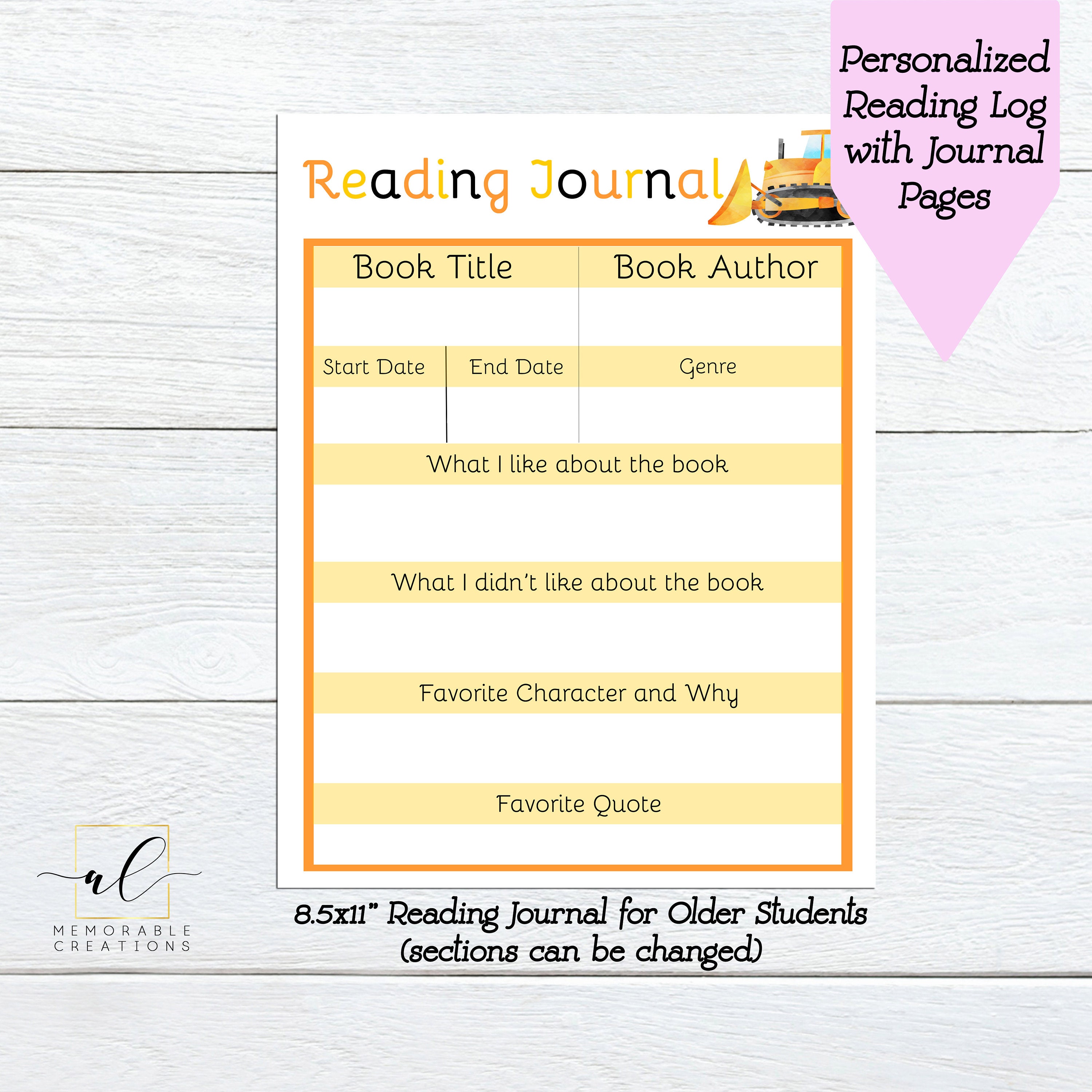 Personalized Construction Reading Log, Truck Reading Journal, Reading ...