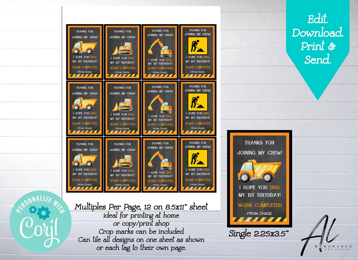 Construction Birthday Printable Gift Tags Editable - Etsy