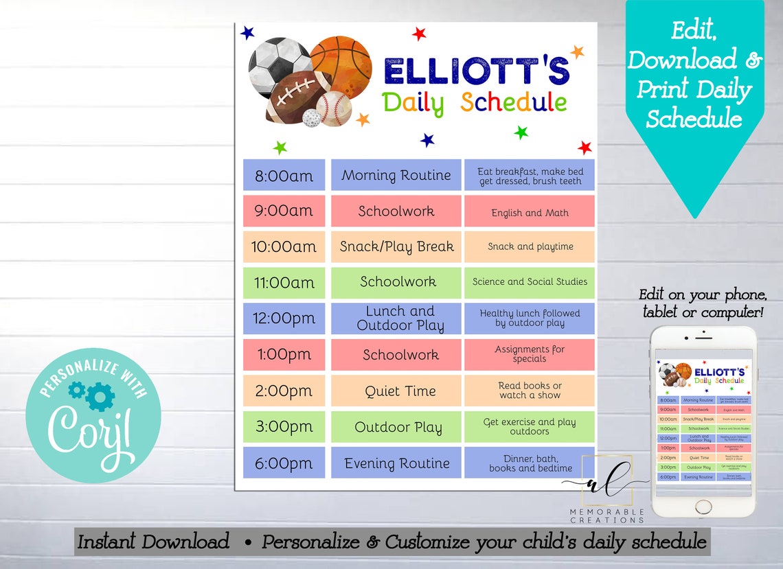Editable Sports Daily Schedule Edit Yourself Sports Daily | Etsy