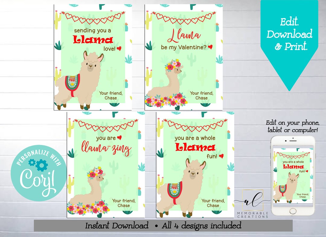 Llama Valentine Printable Cards, Editable Llama Valentines, Instant ...
